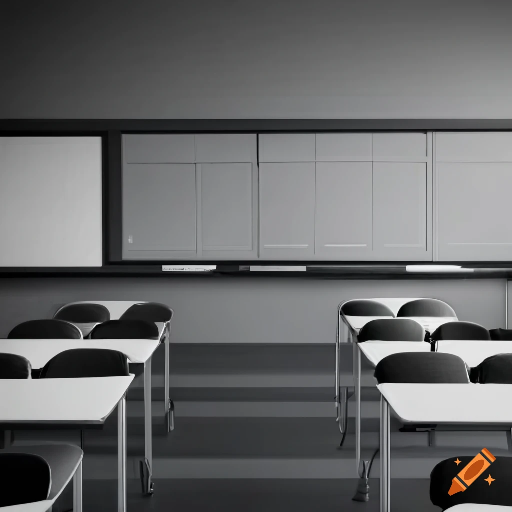 Modern Norwegian classroom with white desks and black/grey chairs on ...