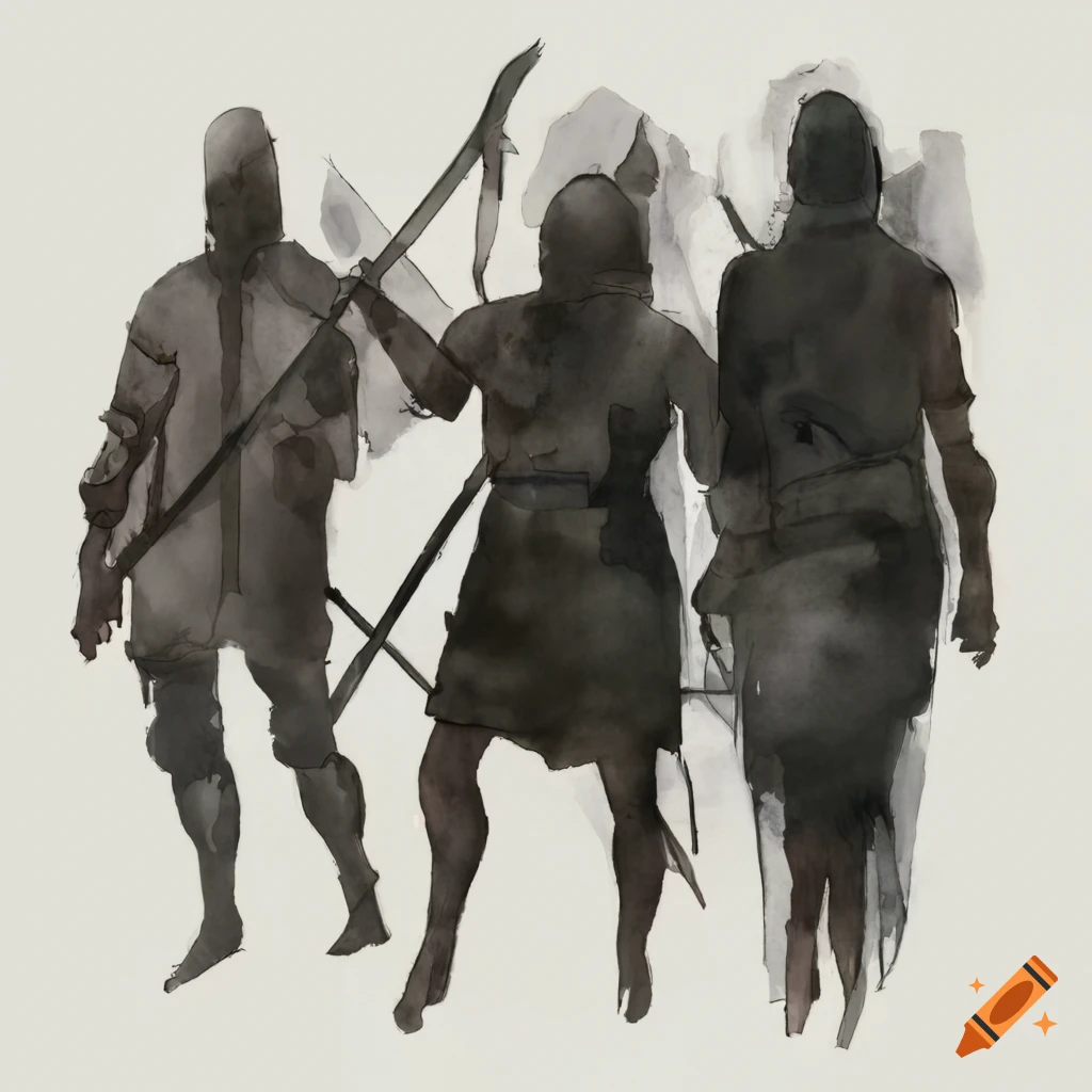 Group of shadowy figures with swords and shields in a watercolor ...