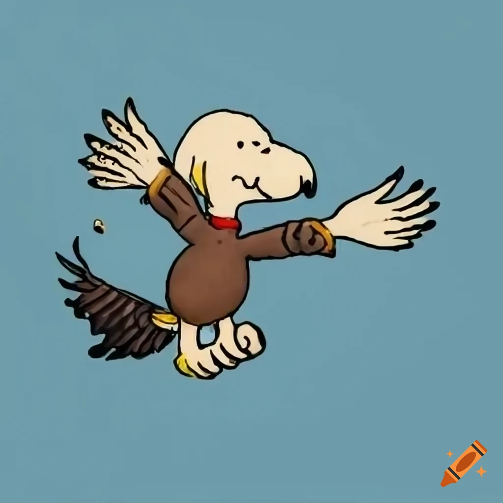 Snoopy sitting on the back of a bald eagle in flight on Craiyon