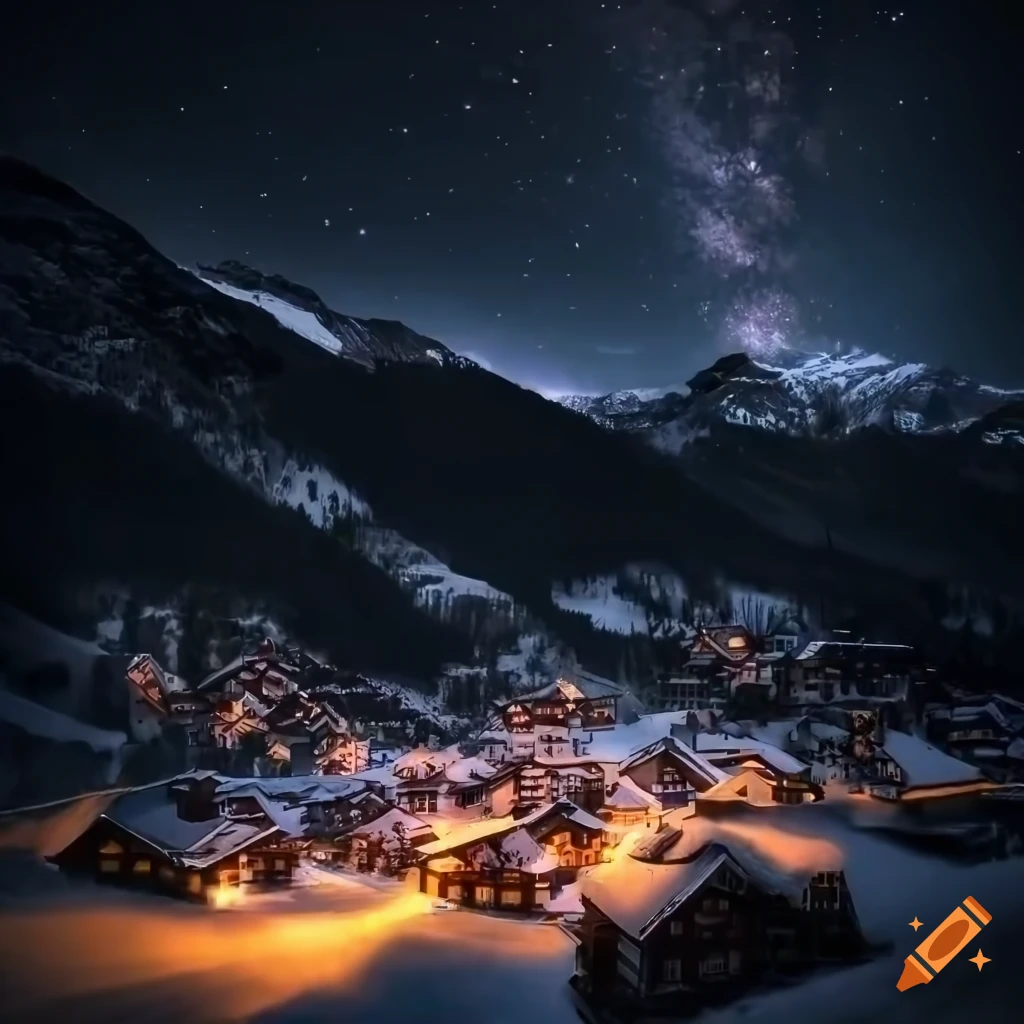 Idyllic snowy swiss village in the alps under a starry sky and northern ...