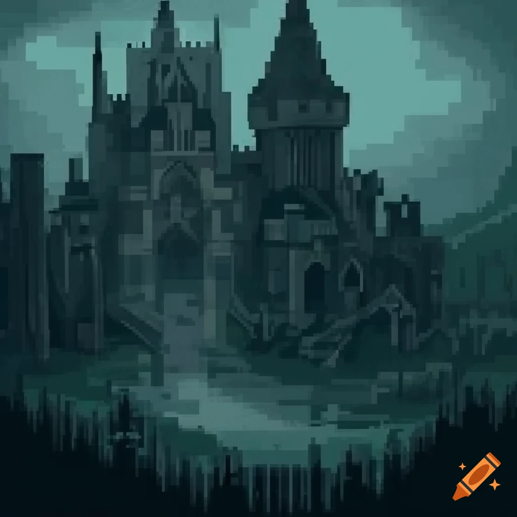 Intricate and moody pixel art of a gothic medieval castle in a kingdom with villages and forest ...