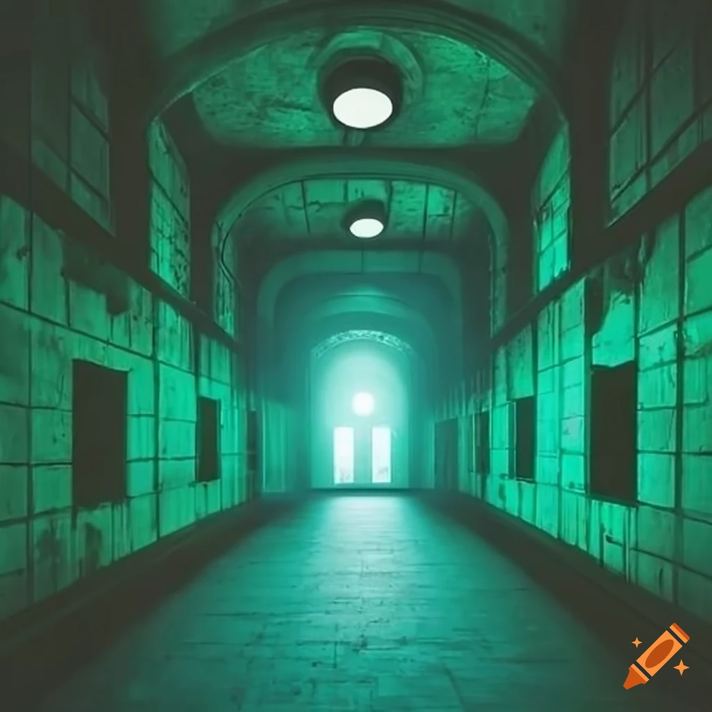 Foggy industrial rust with emerald green tiles and endless hallways on ...