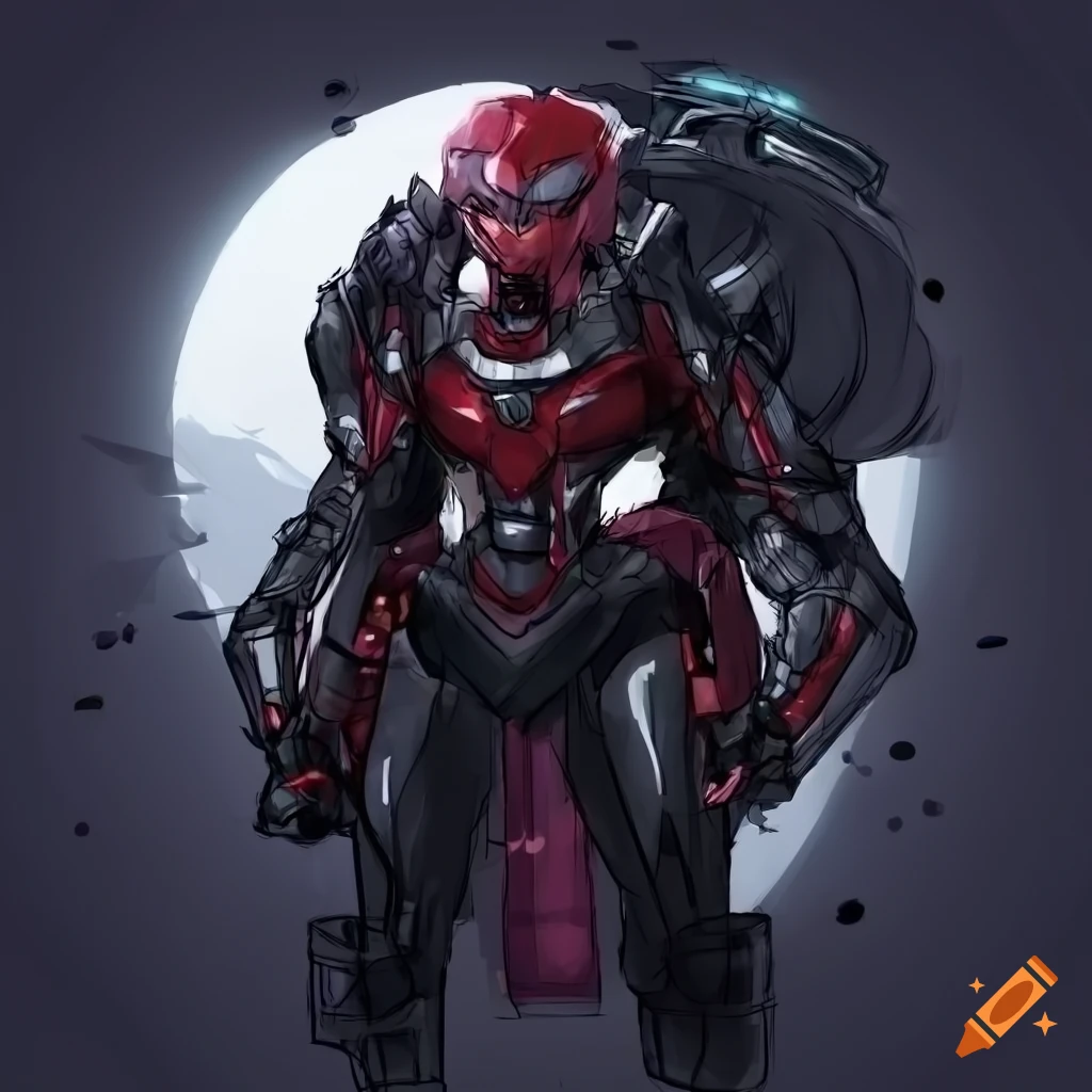 Science-fiction anime character in black space suit with red and white ...
