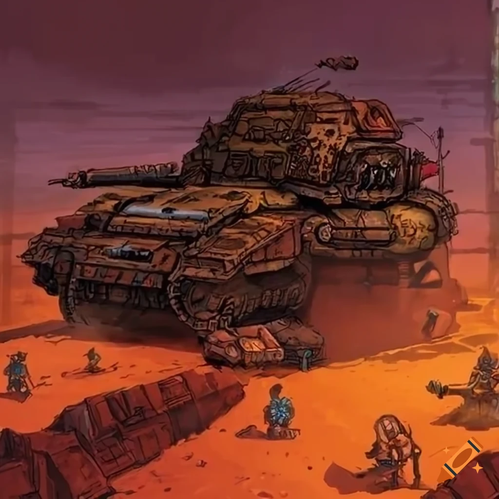 Futuristic heavy tank with multiple turrets in a post-apocalyptic ...