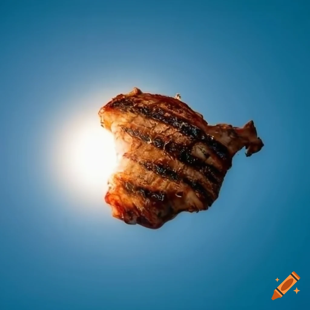 Grilled meat partially eclipsing the sun in a clear blue sky on Craiyon