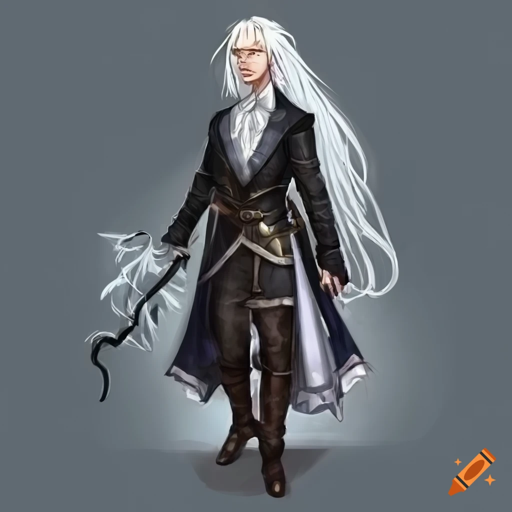 Aasimar D&D butler with white hair and golden eyes in long overcoat on ...