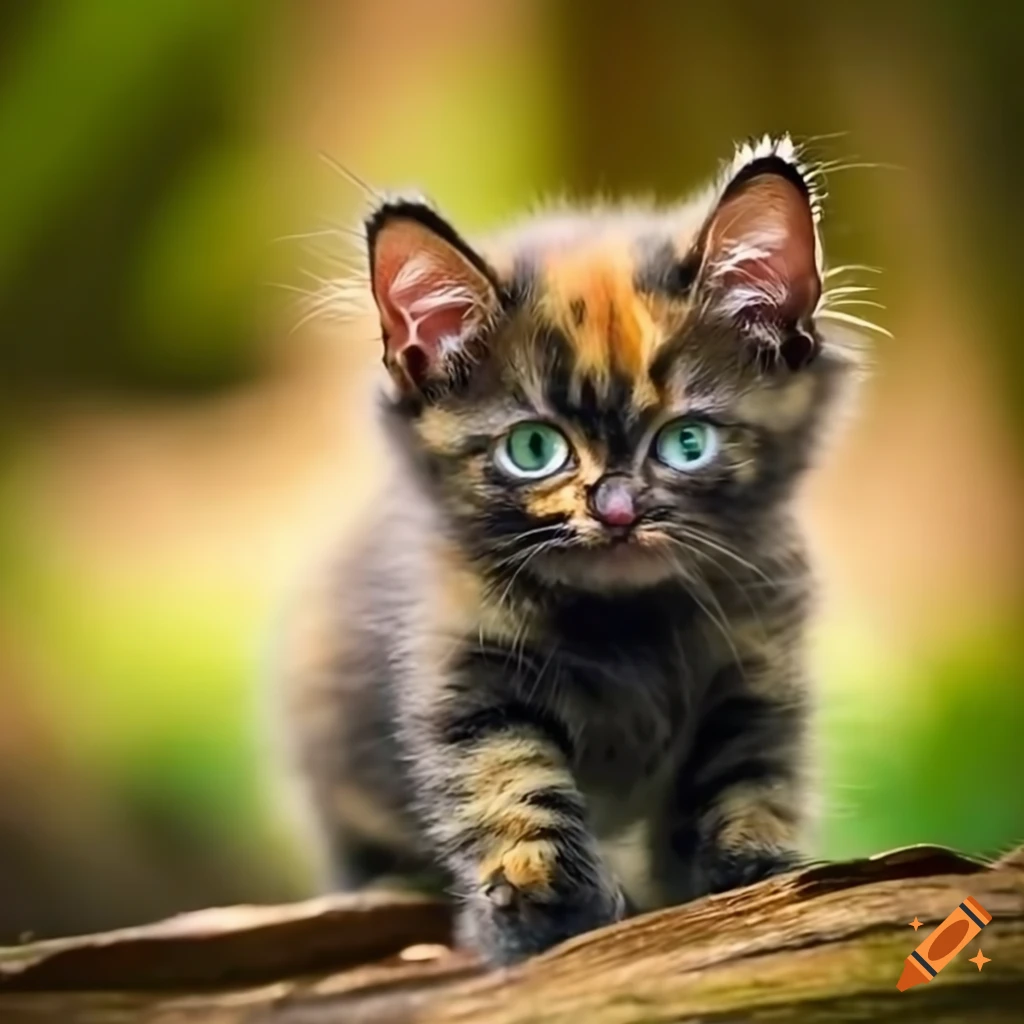Happy fluffy tortoiseshell kitten with green eyes in a forest on Craiyon