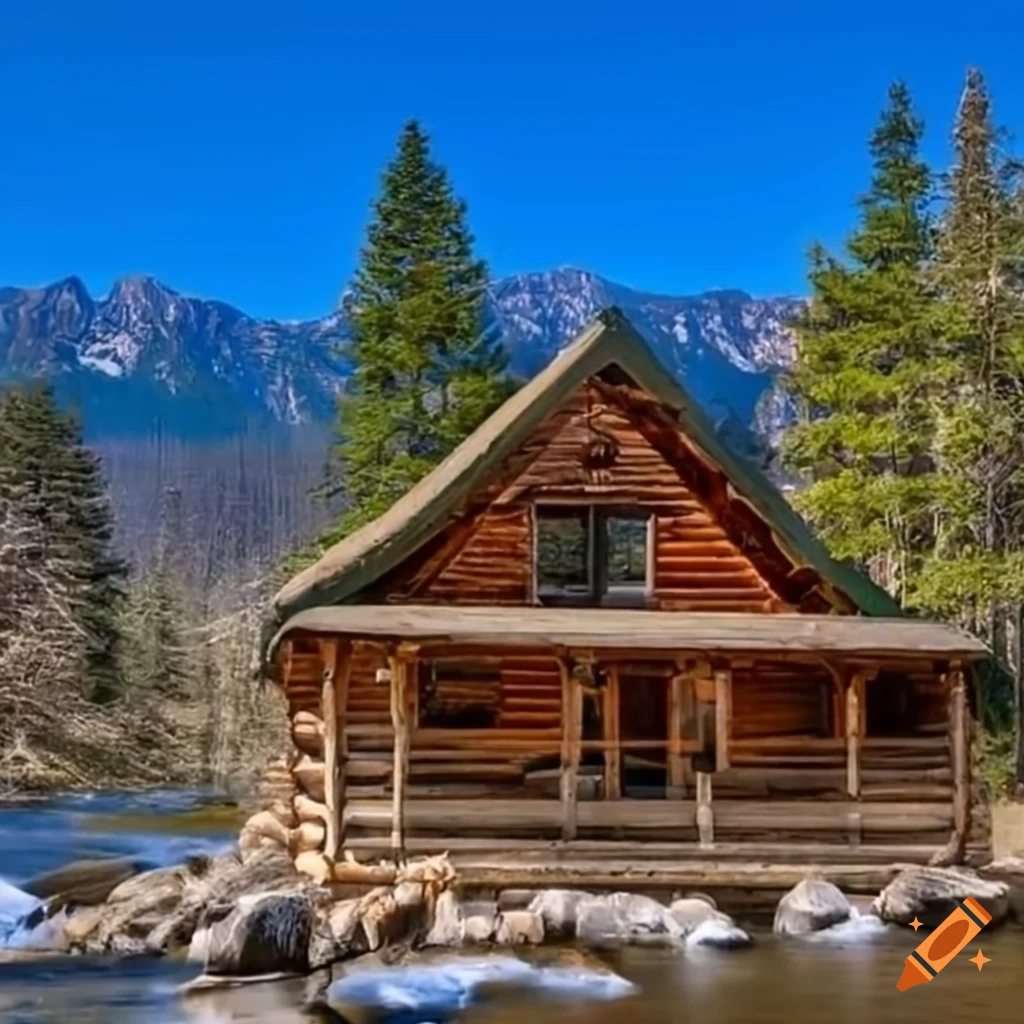 Beautiful log cabin home with snowy mountains and small river in the ...