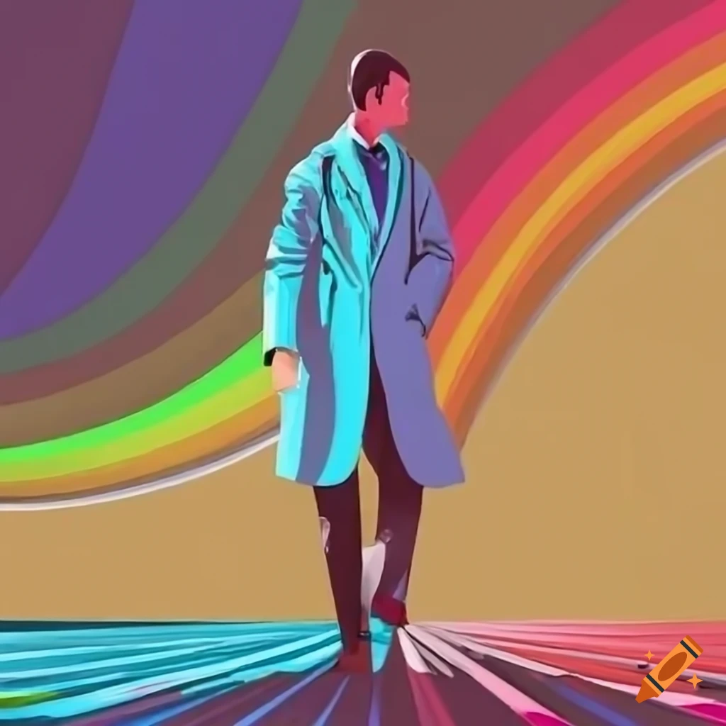 Scientist in a lab coat walking in a brightly lit factory with rainbow ...