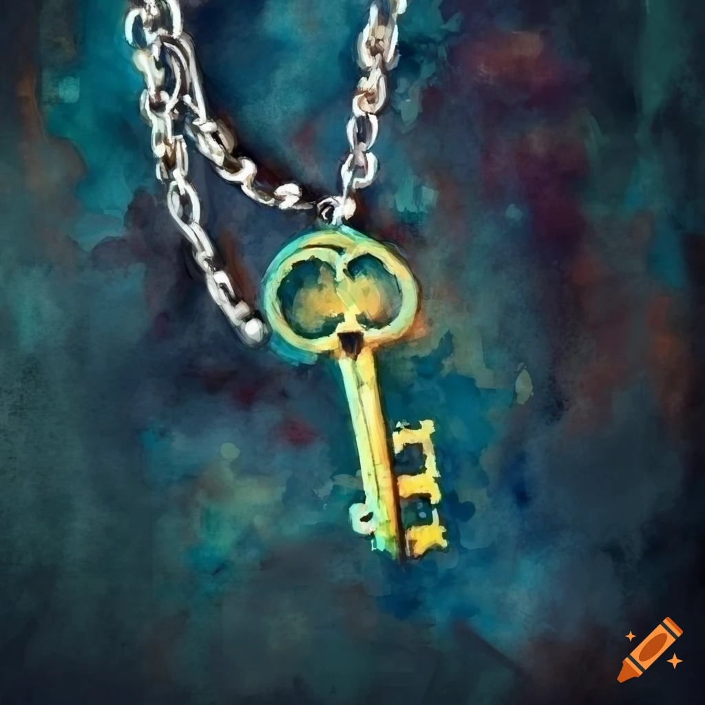 Watercolor painting of an old key on necklace with dark background on ...