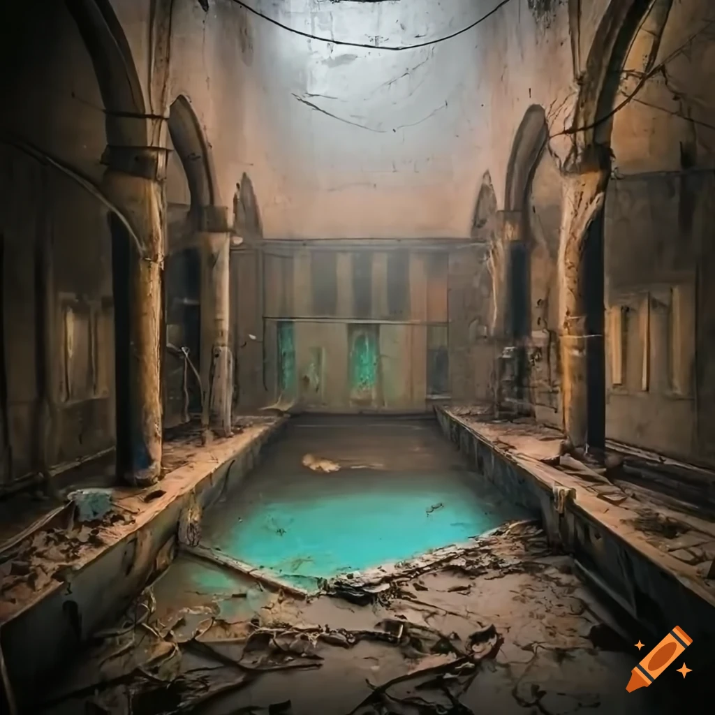 Abandoned murky swimming pool with peeling paint and industrial cables ...