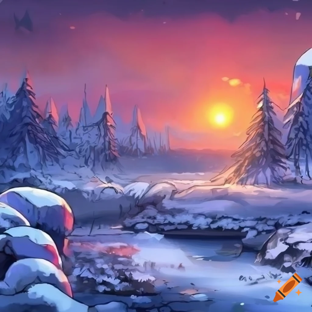 Anime sunset landscape with snow in high quality on Craiyon