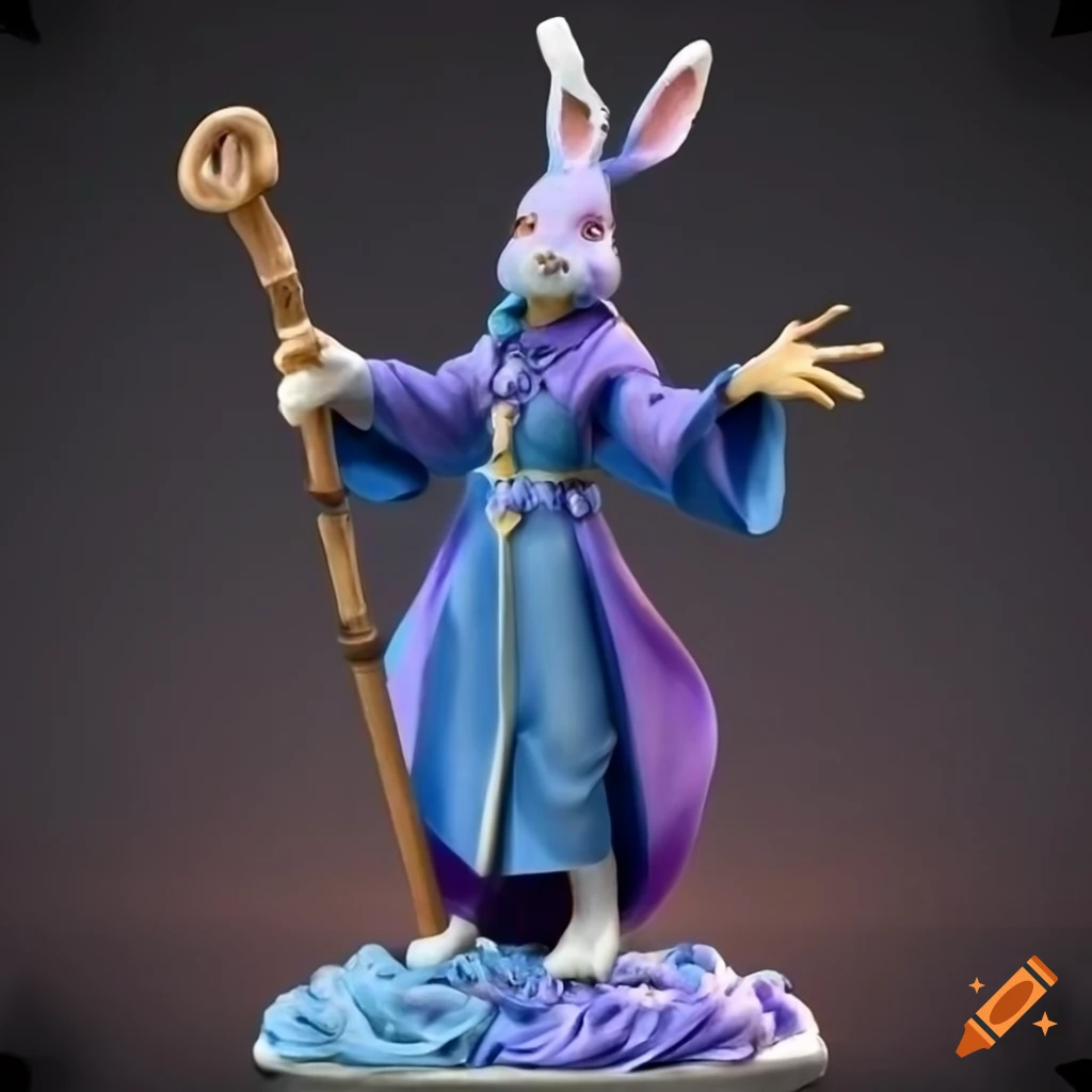 Dnd figurine of a rabbit-folk wizard with a magical staff on a stand on ...