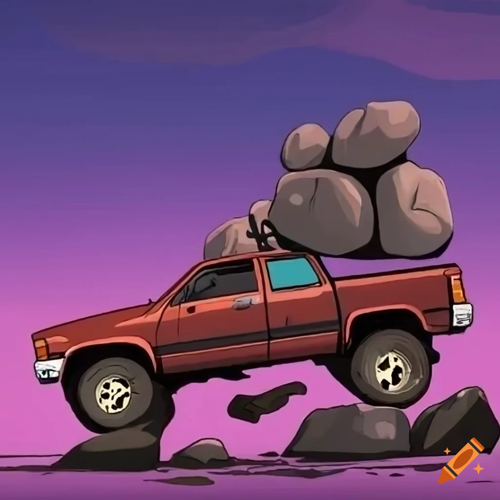 Cartoon style 1980s toyota hilux with boulders on the back on Craiyon