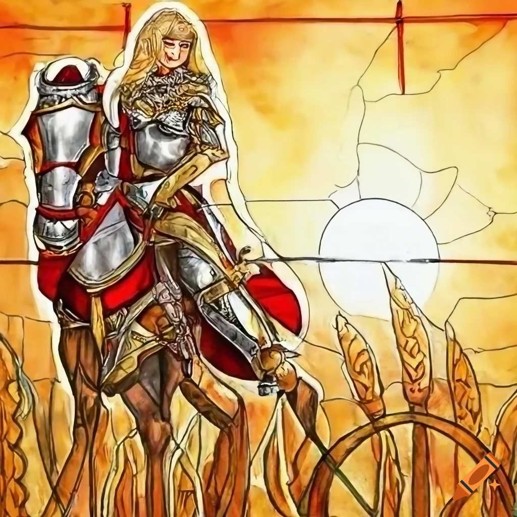 Platinum-blonde female paladin in chainmail riding knabstrupper horse ...