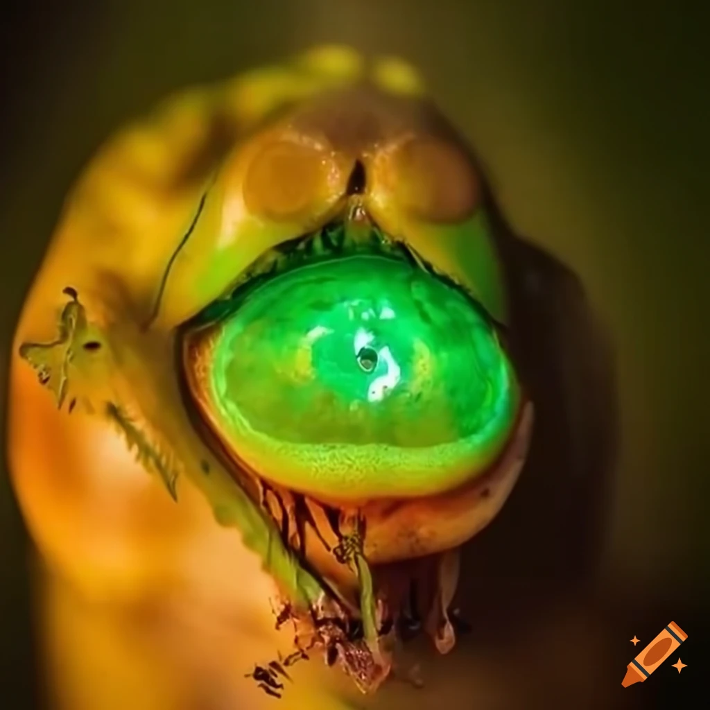 Bizarre creature with glowing human eye surrounded by fruits on Craiyon