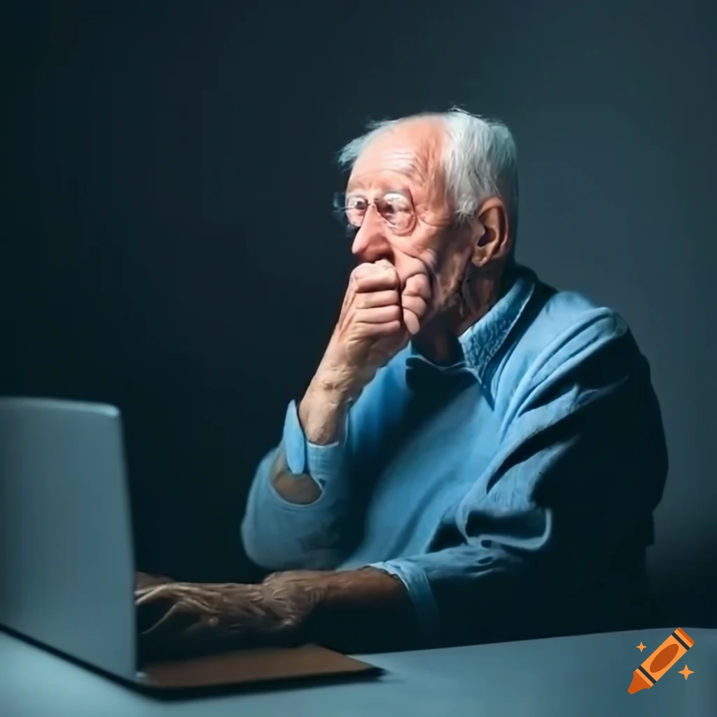 Elderly man with a curious expression looking at a computer screen on ...