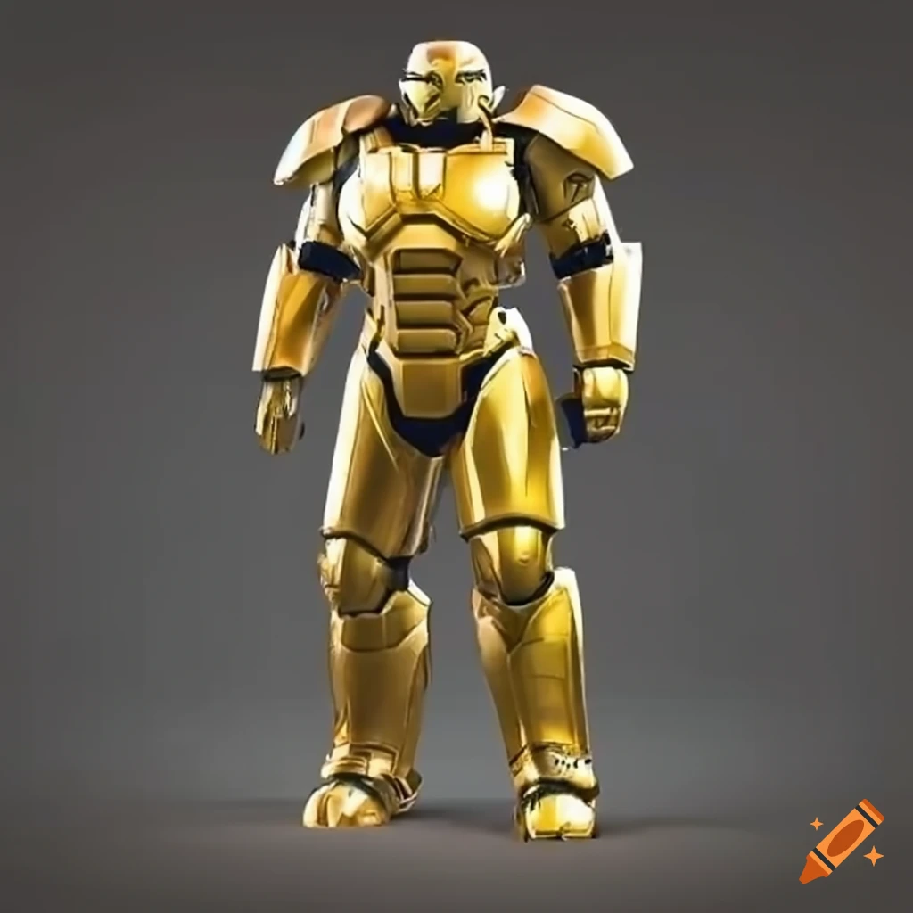 Full body shot of golden power armor on Craiyon