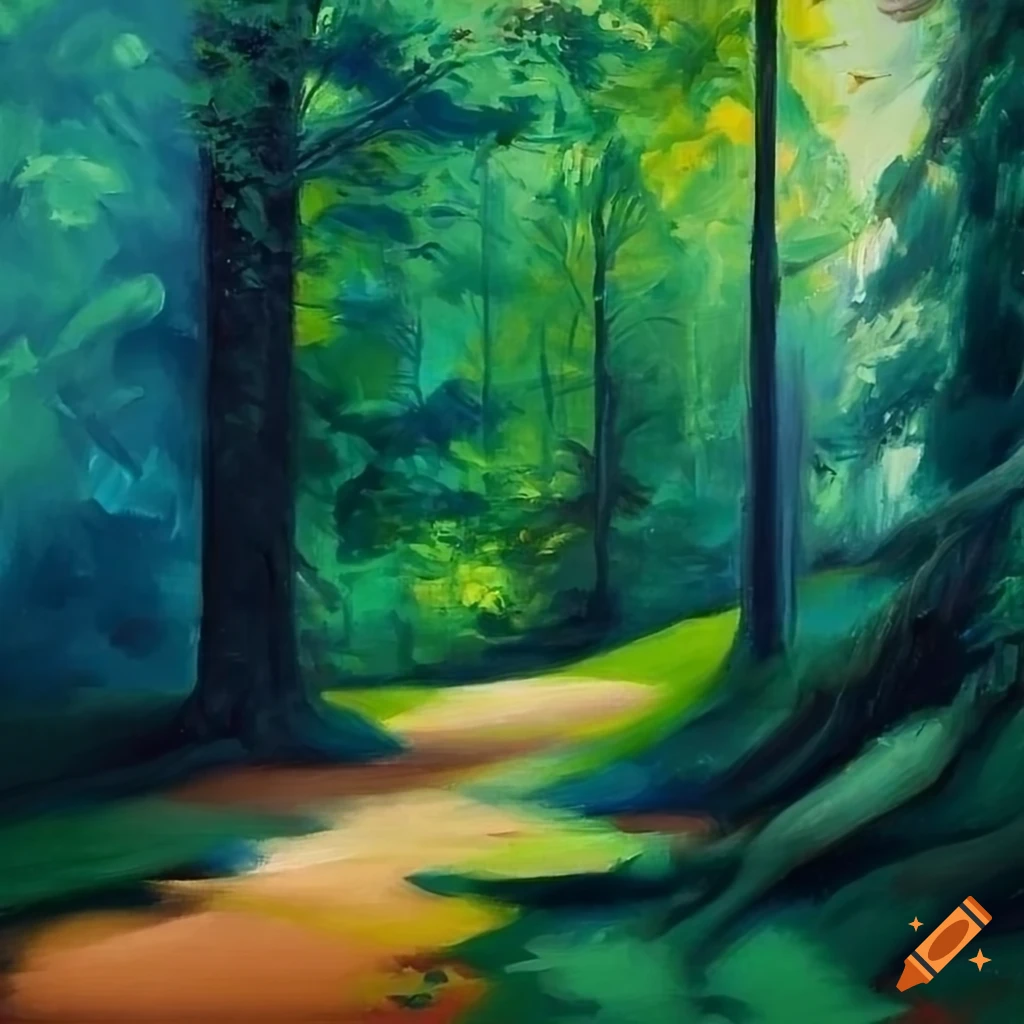 Peaceful forest scene with lush greenery in rich oil painting tones on ...