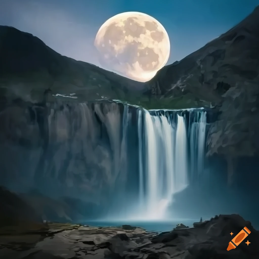 Bright realistic moon above a mountain with a waterfall in foreground ...