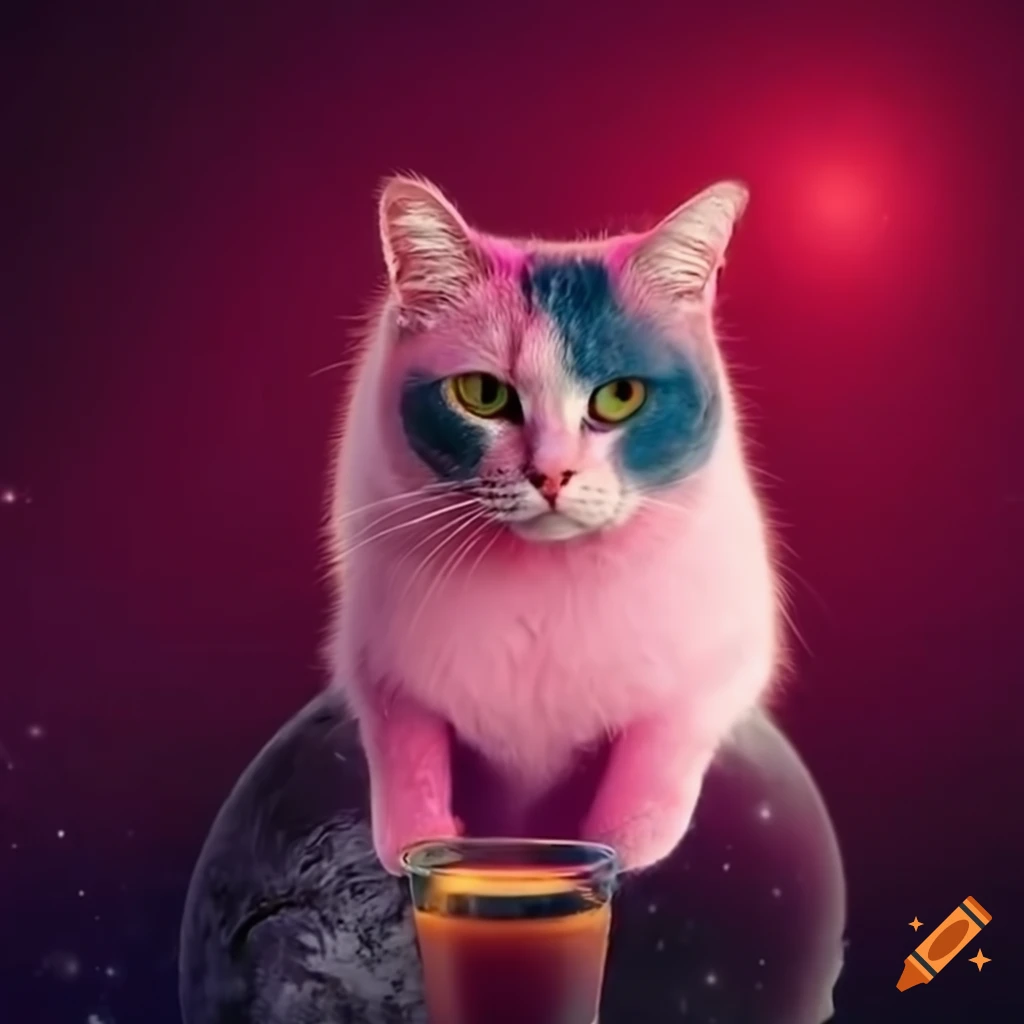 Pink cat in space looking at earth while drinking cola on Craiyon