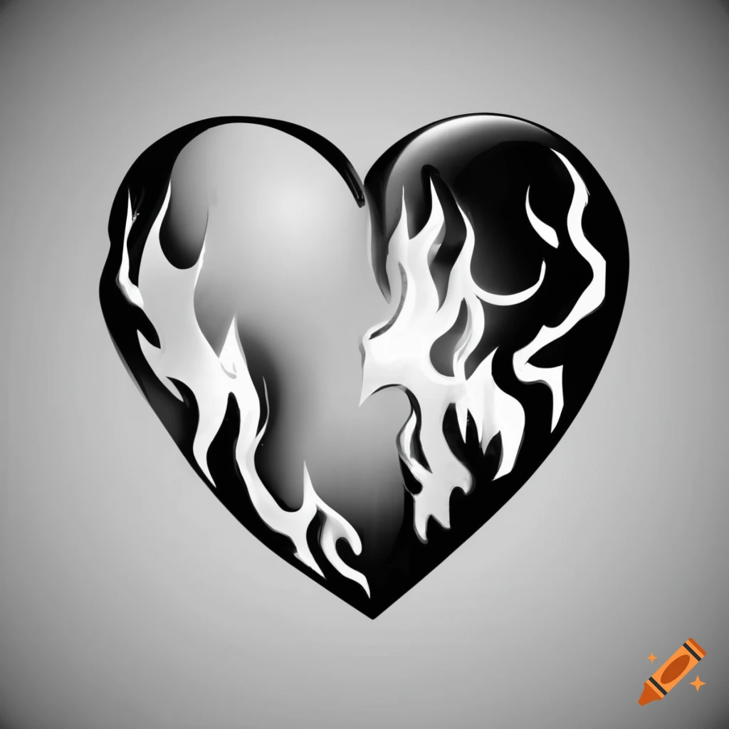 Minimalistic black and white fiery heart illustration on white ...