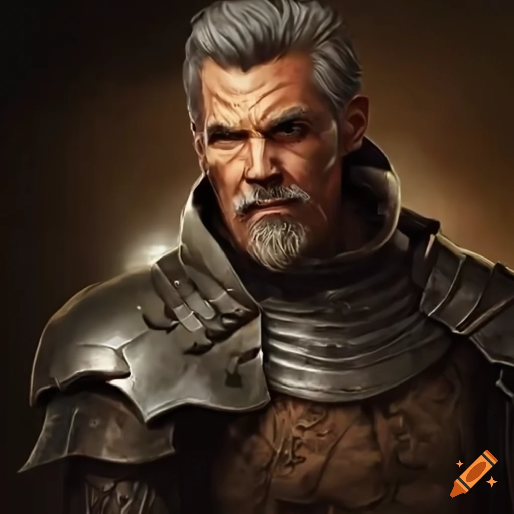 Mature human fighter in half plate armor with a morningstar and hand ...