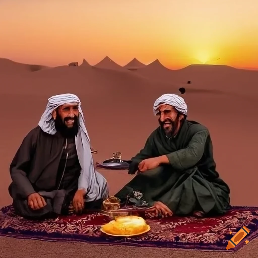 Arab men sharing a meal on a carpet in a desert setting on Craiyon