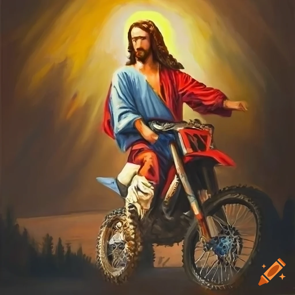 Jesus on a motocross in an oil painting on Craiyon