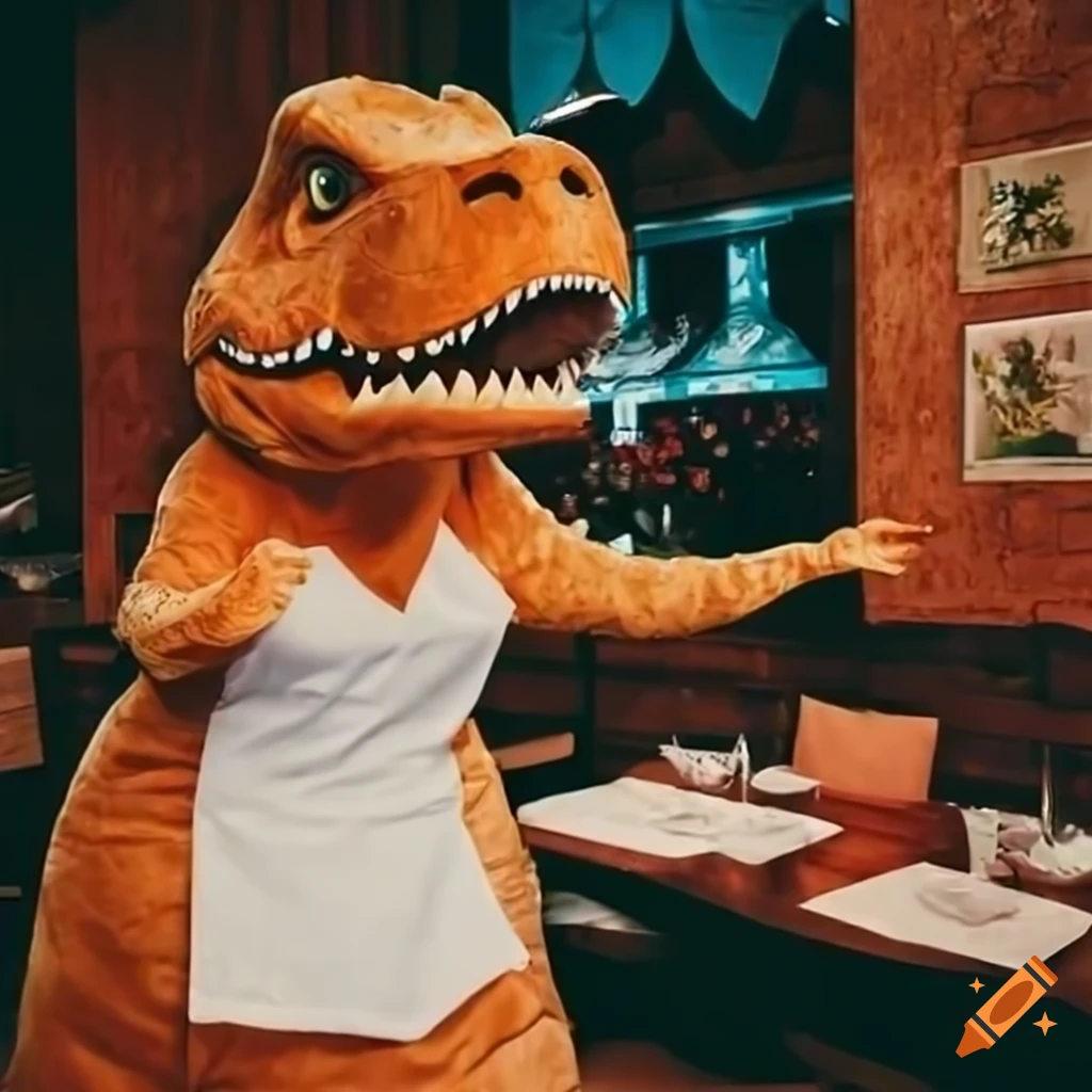 Waitress in full body dinosaur t-rex mascot costume at restaurant on ...
