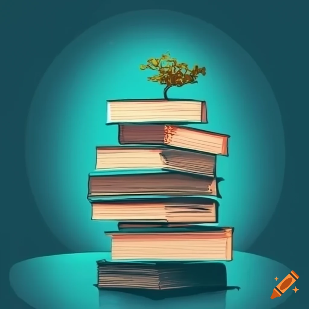 Stack of books with a tree growing out of an open book in line art on ...