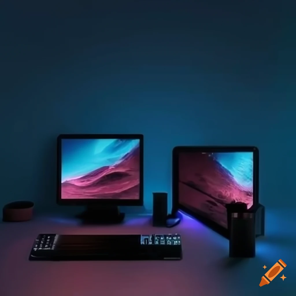 Laptop setup in an ambient room with aesthetic lighting on Craiyon