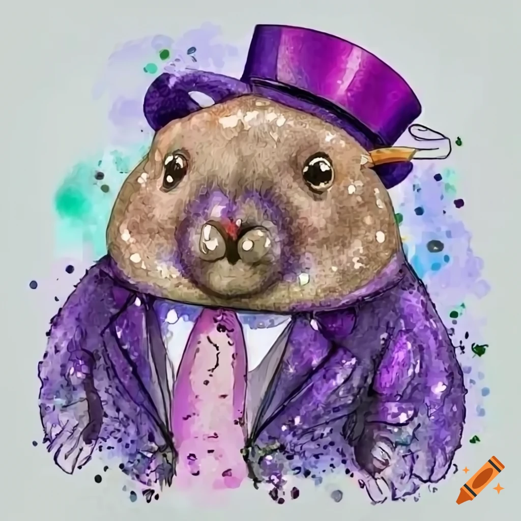 Charming wombat in a purple suit and top hat with a cane and cigar in a ...