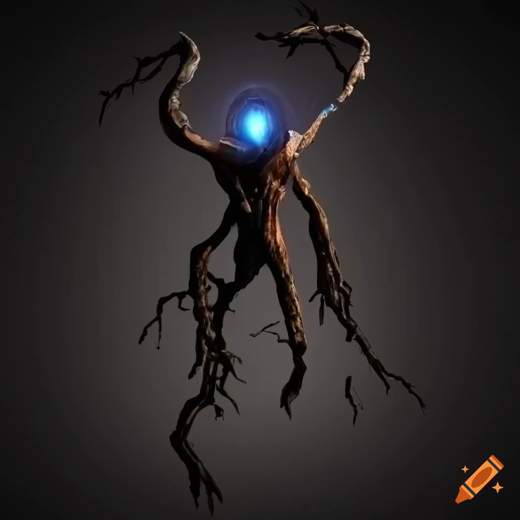 Fantasy walking bark creature with floating branches in a desert ...