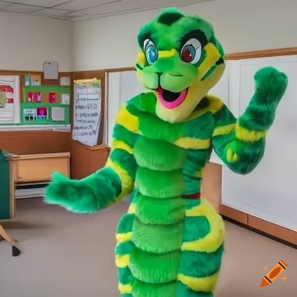 Female teacher in a cartoony green snake mascot costume at school on ...