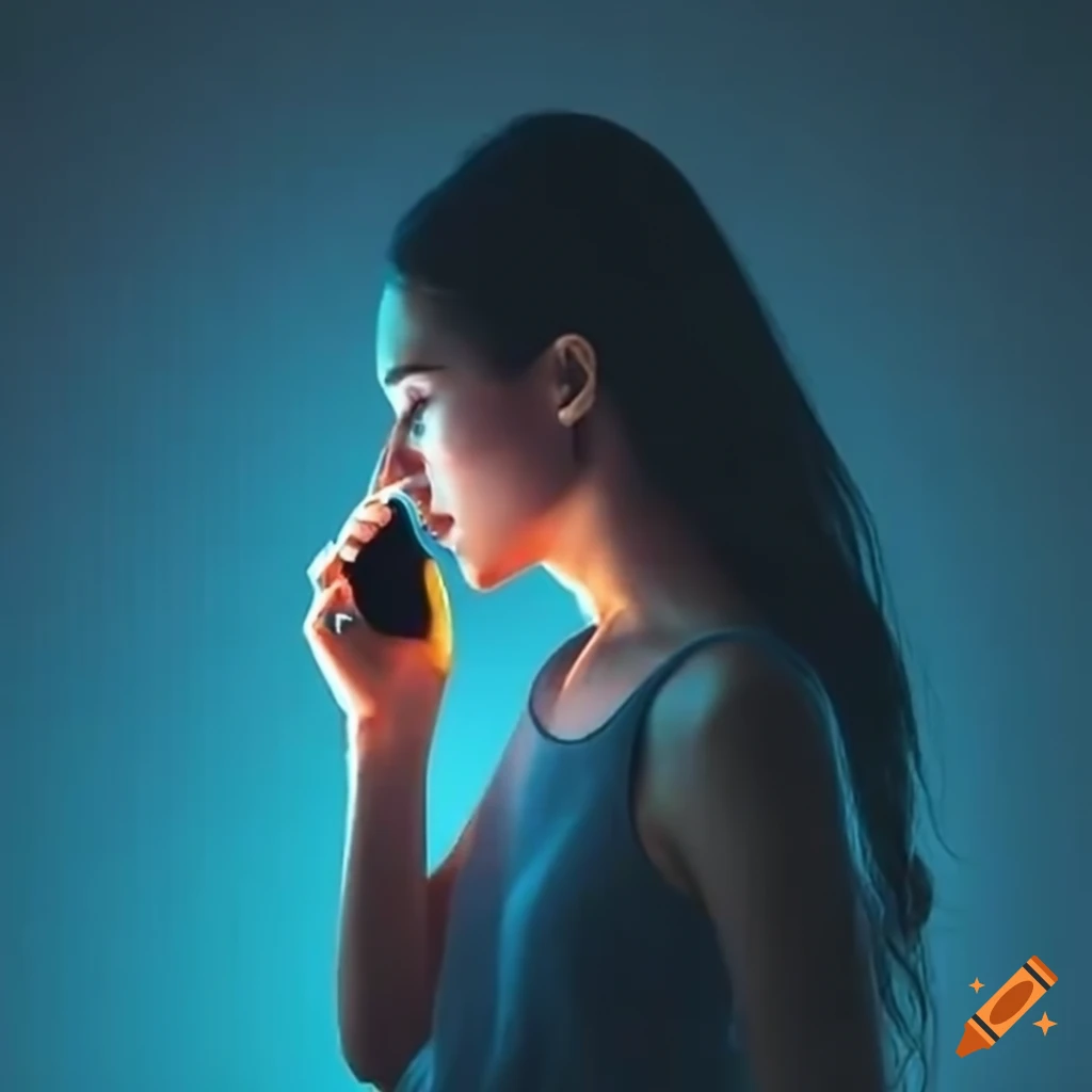 Young woman being woken by her work phone at night on Craiyon