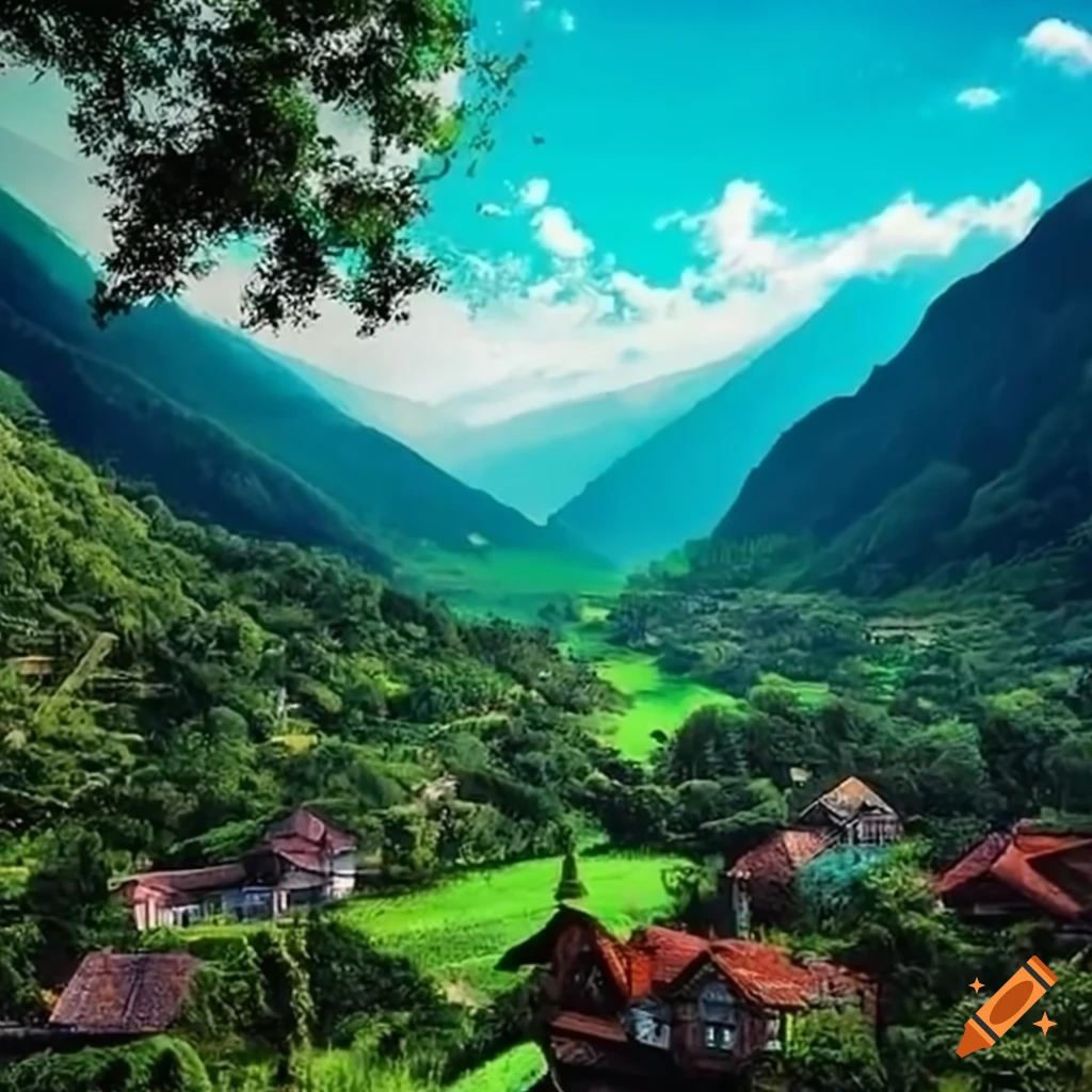 Beautiful village scenery on Craiyon