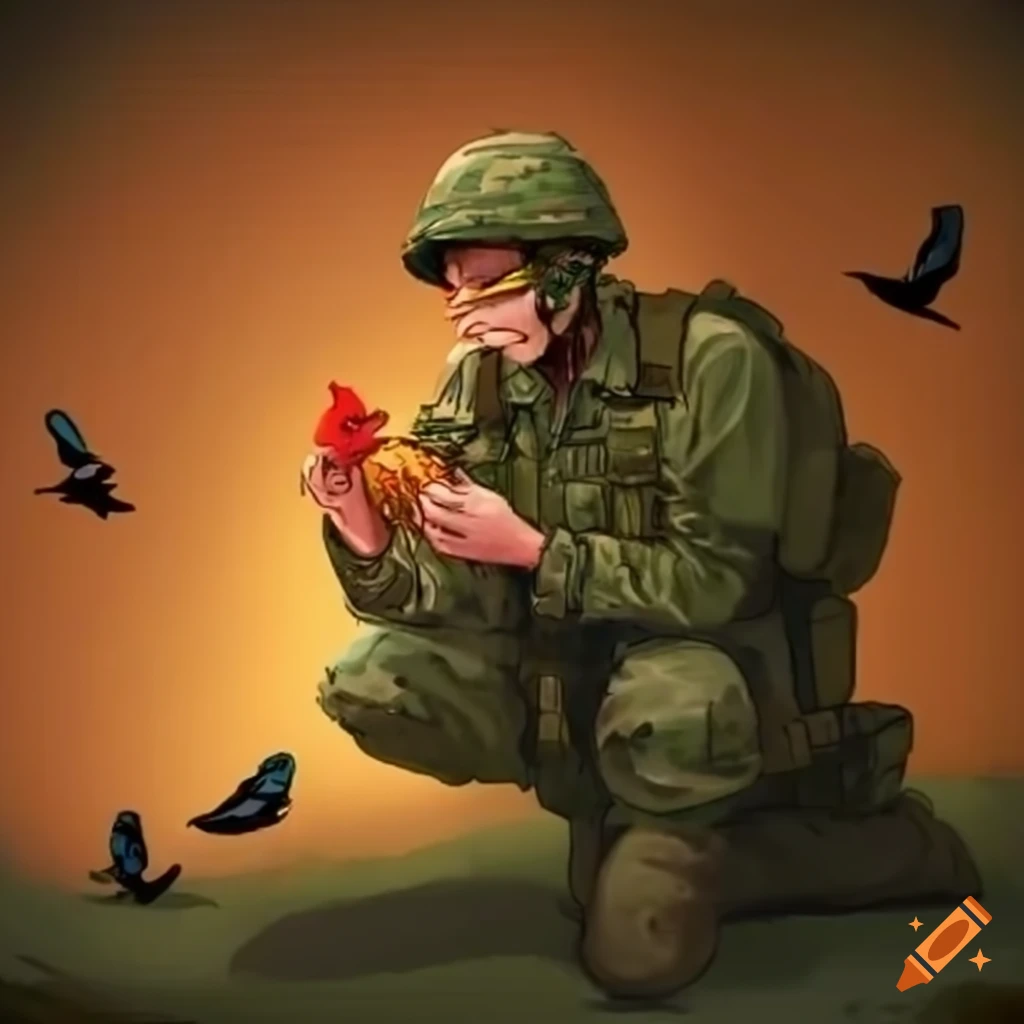 Soldier enjoying a meal with 3 little birds on Craiyon