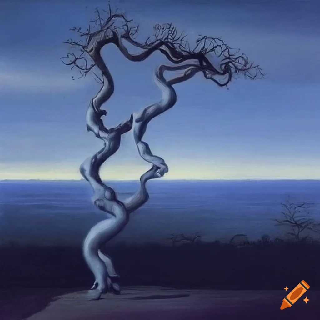 Trees with twisting branches flying in artwork by rene magritte on Craiyon