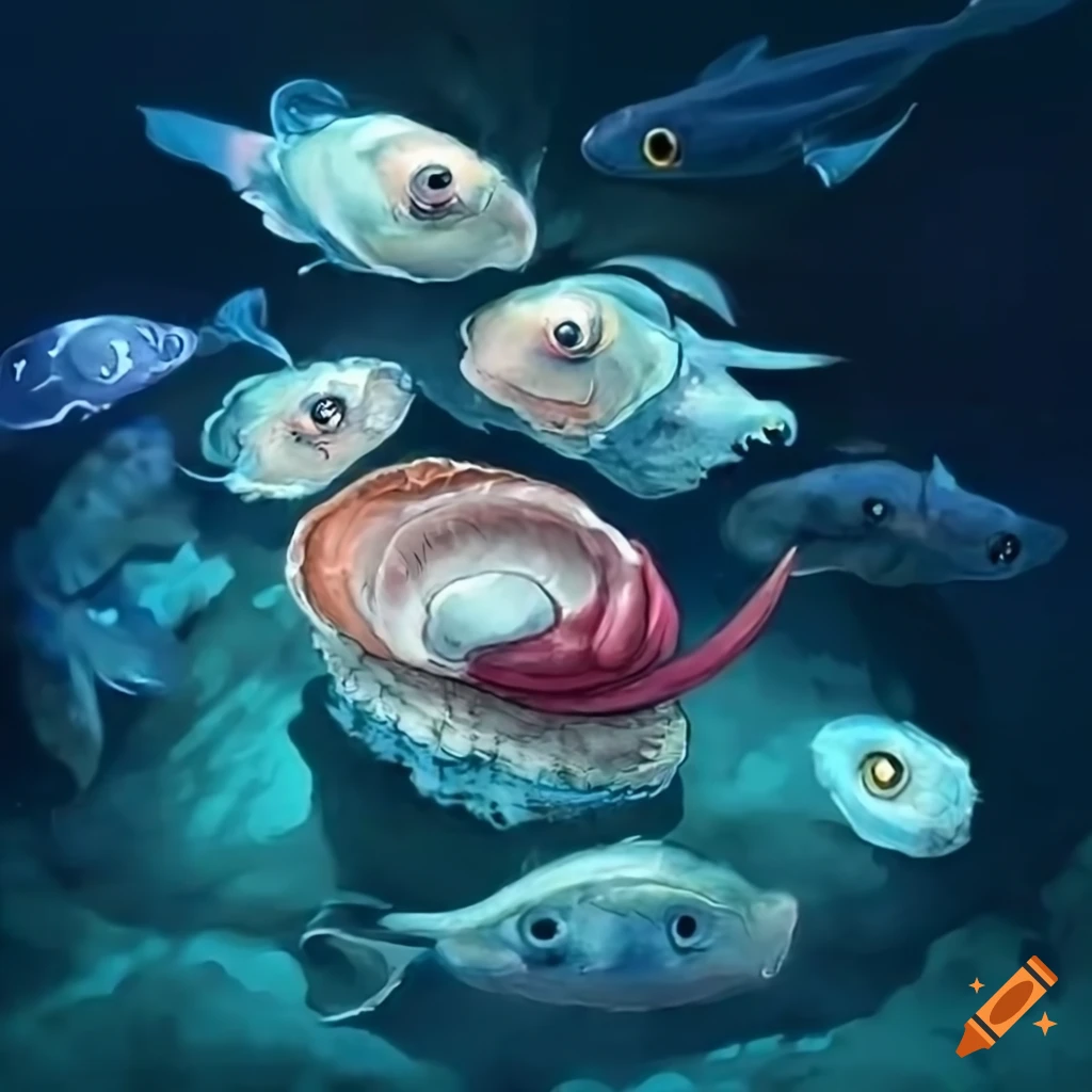 Evolution of fish from snail and oysters on Craiyon