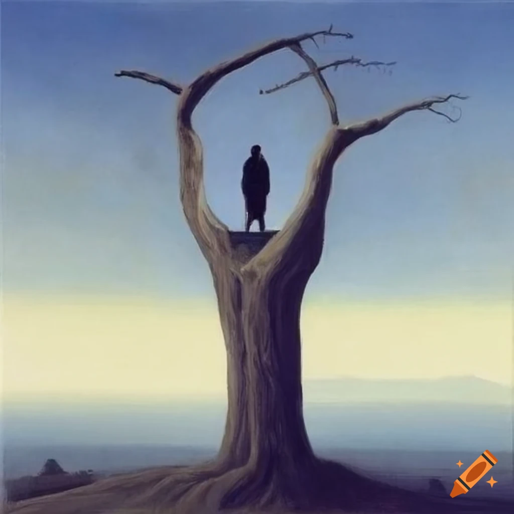 Tree with twisting branches and flying swallow by Rene Magritte on Craiyon