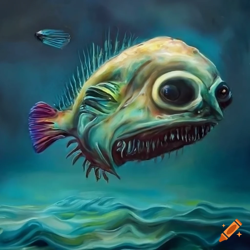 Oil painting of creepy alien fish in a bright ocean on Craiyon