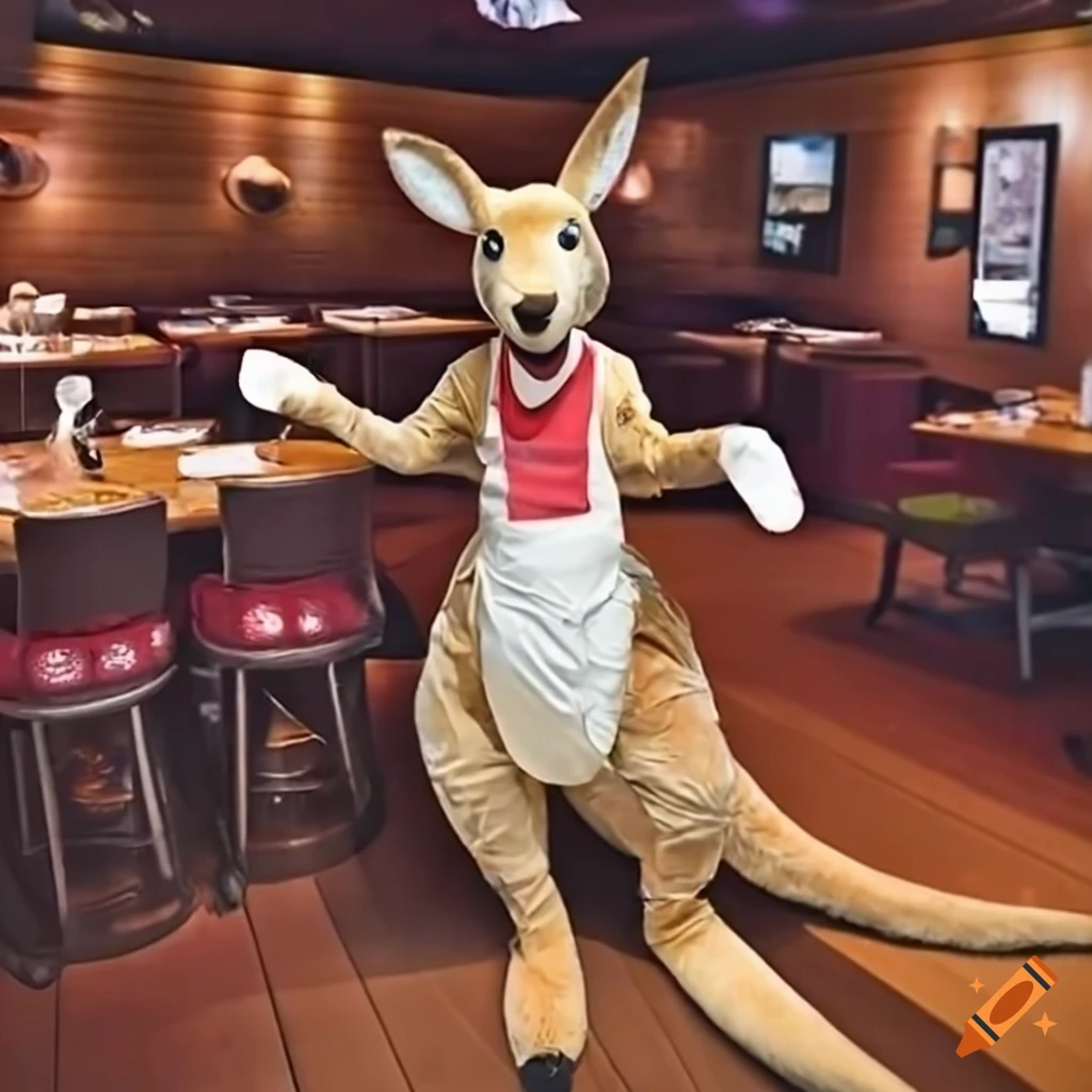 Waitress in kangaroo mascot costume at outback steakhouse on Craiyon