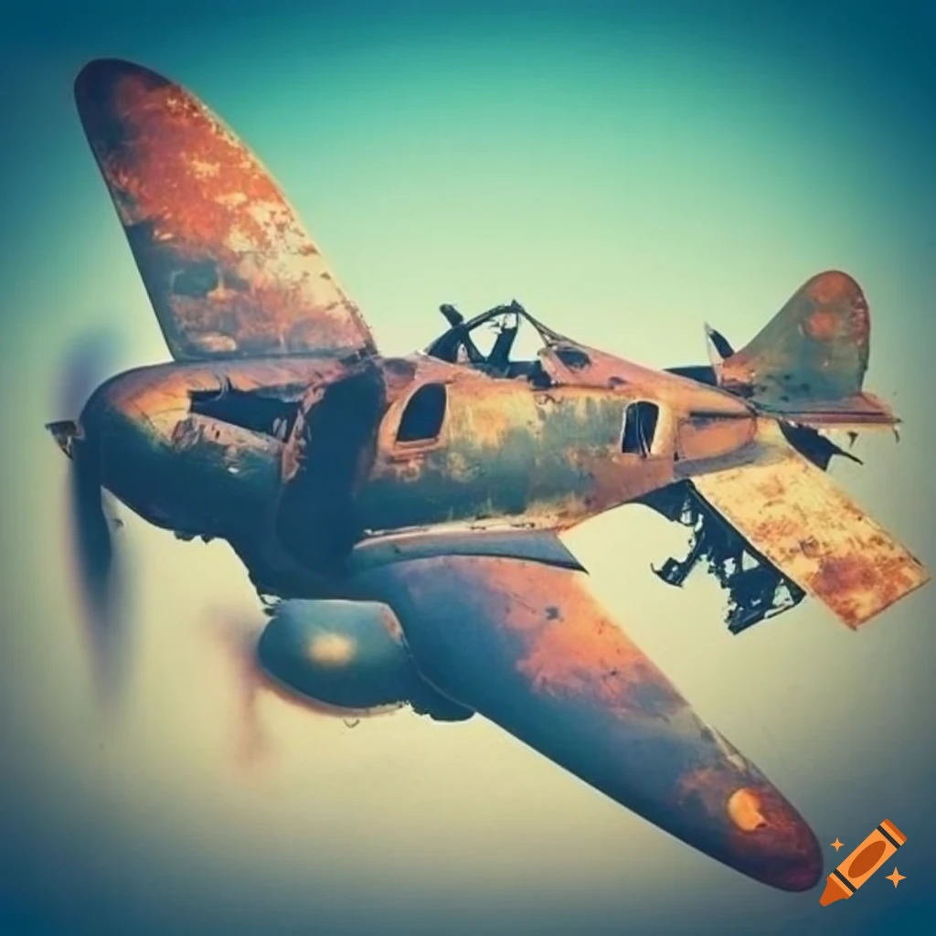 Vintage photo of amelia earhart's plane wreck, broken and rusty on Craiyon