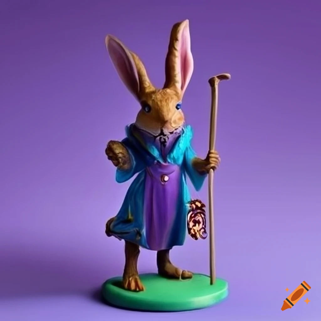 Dnd rabbit-folk wizard figurine in blue and purple robe and hat on Craiyon