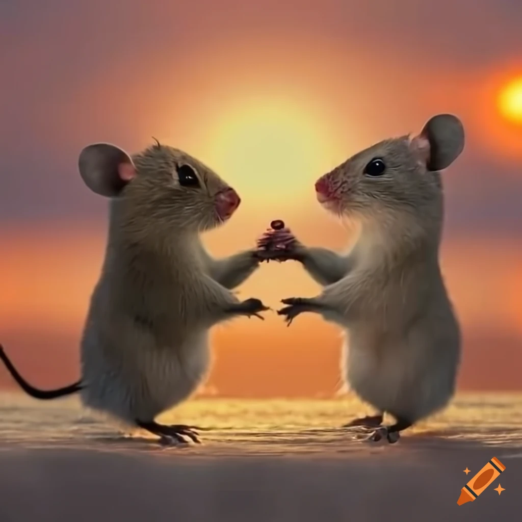 Happy small rodents holding hands with a beautiful sunset in the ...