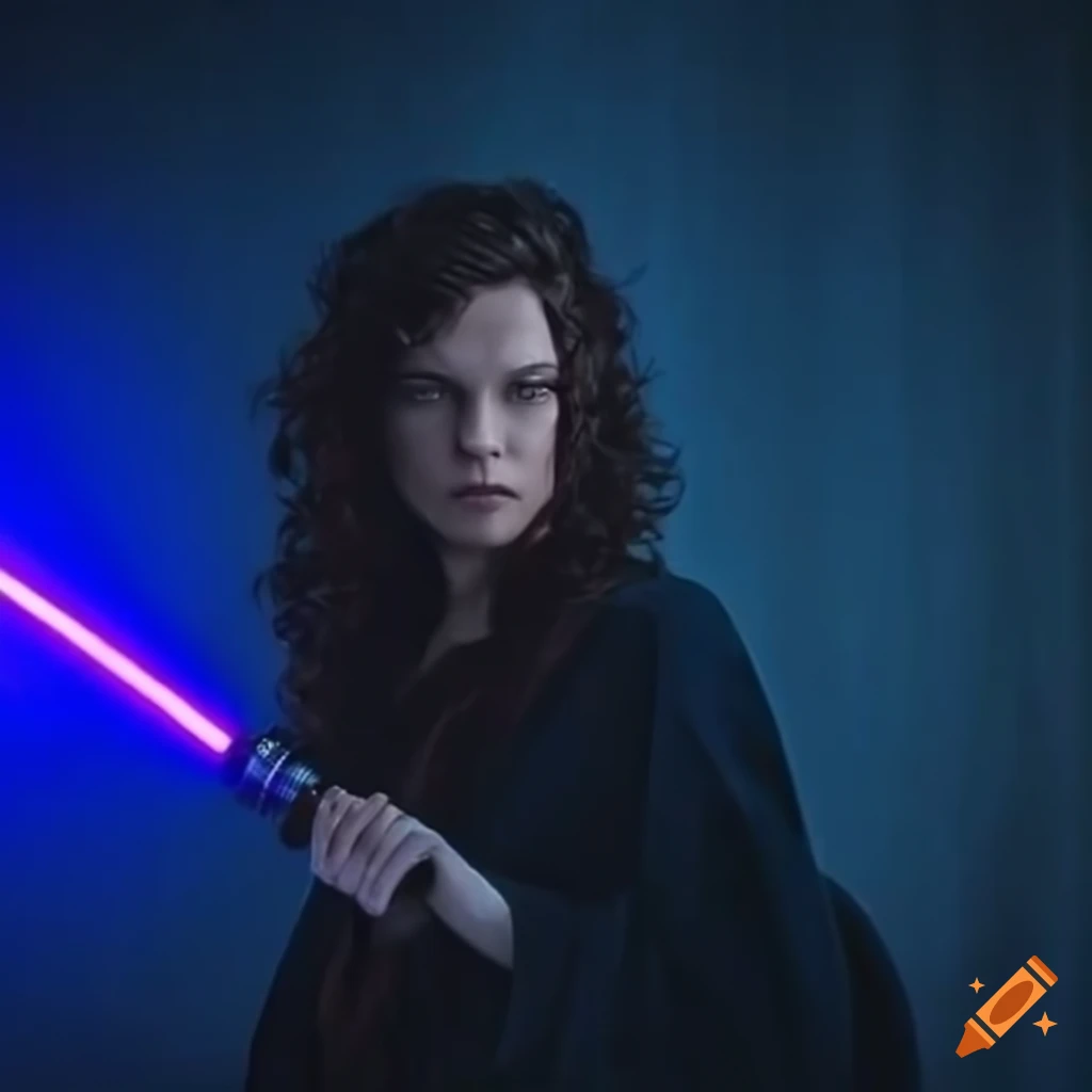 Brunette curly haired jedi in blue robes wielding a purple lightsaber ...