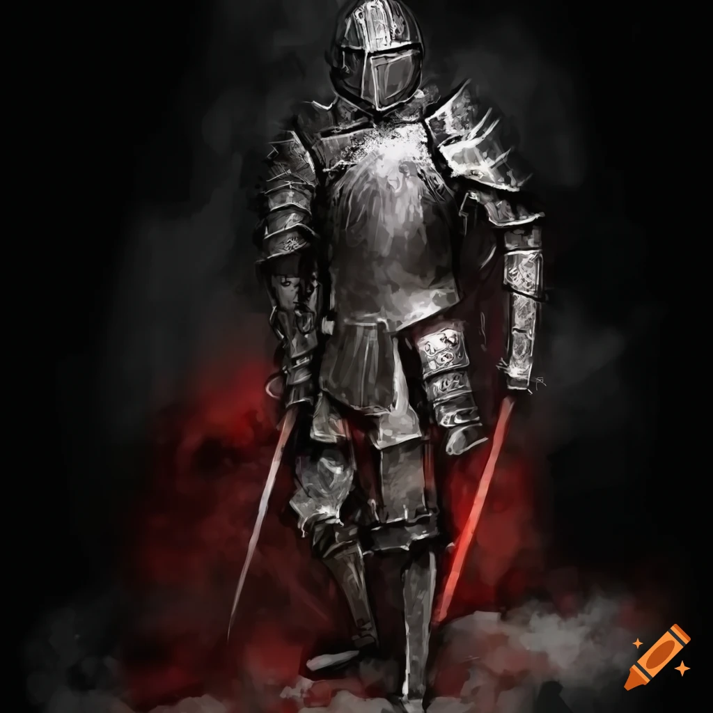 Sinister knight in red and black full plate armor on Craiyon