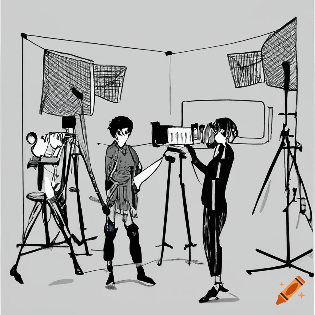 Black and white drawing of people filming in a studio on Craiyon