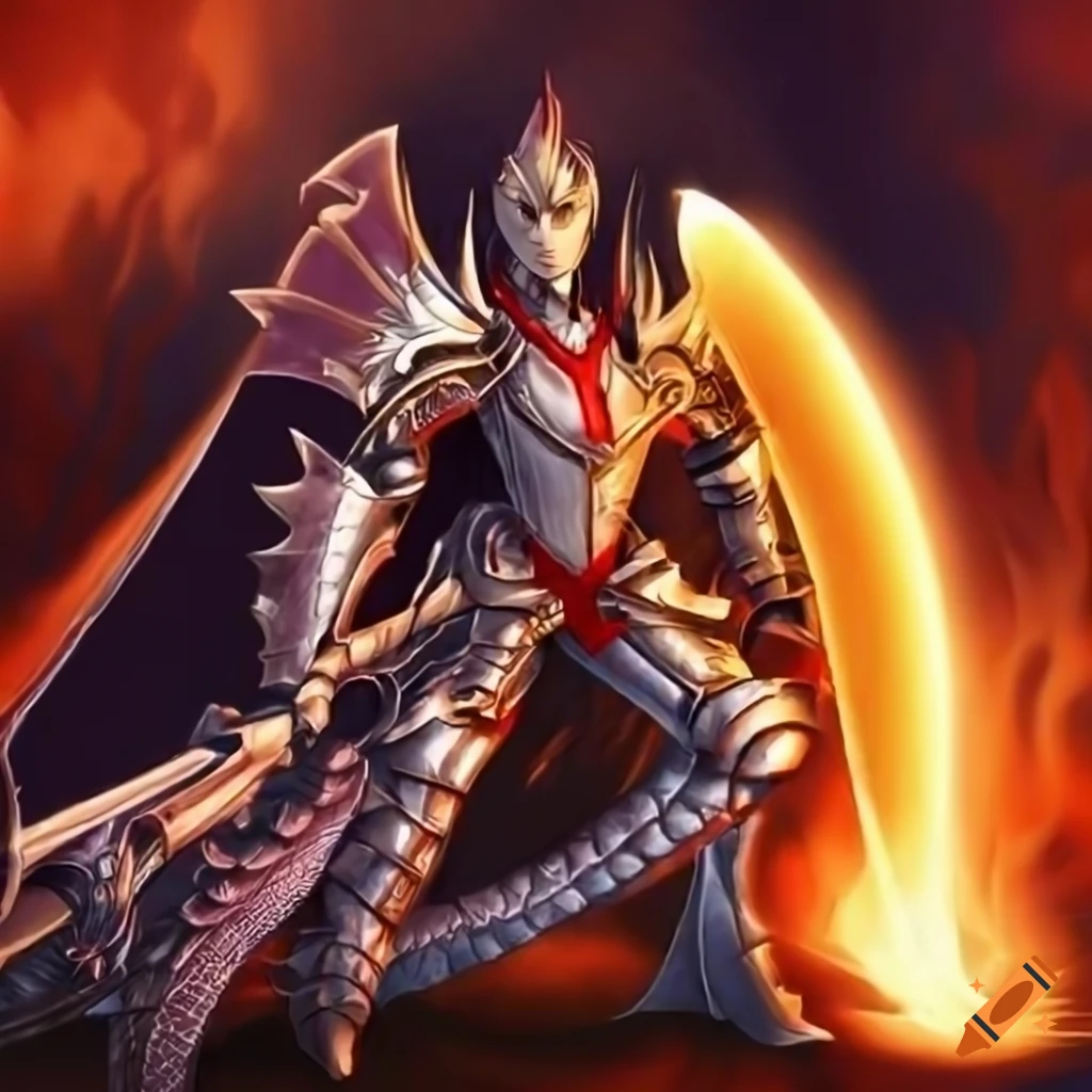 Noble vampire knight riding a dragon surrounded by flames and glowing ...